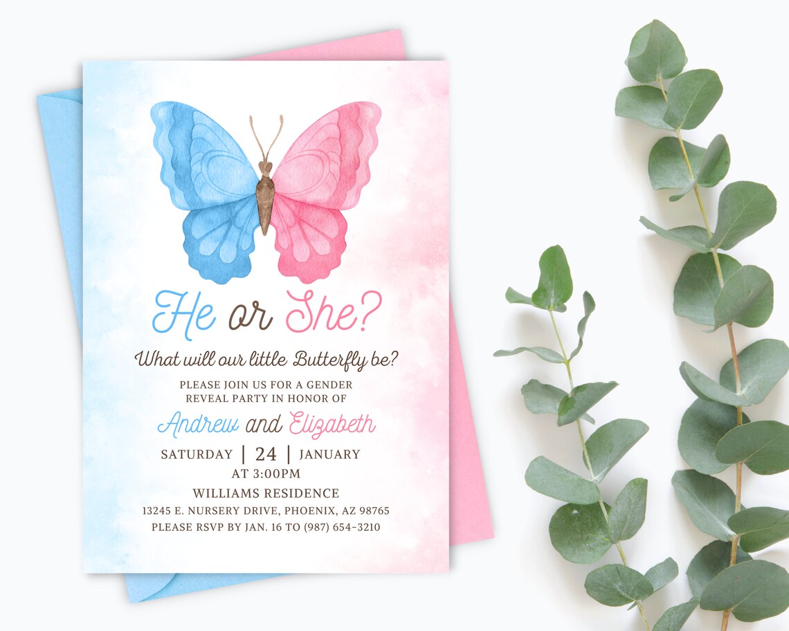 Butterfly Gender Reveal Invitation, Editable He or She Invite Template ...