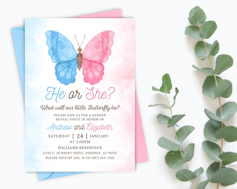 Butterfly Gender Reveal Invitation, Editable He or She Invite Template ...
