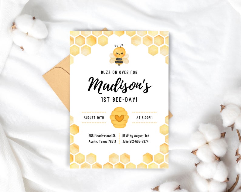 Bee Birthday Invitation, Editable 1st Birthday Party Invite Template ...