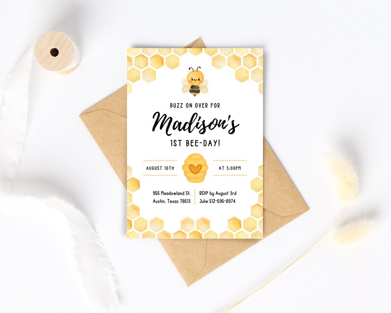 Bee Birthday Invitation, Editable 1st Birthday Party Invite Template ...