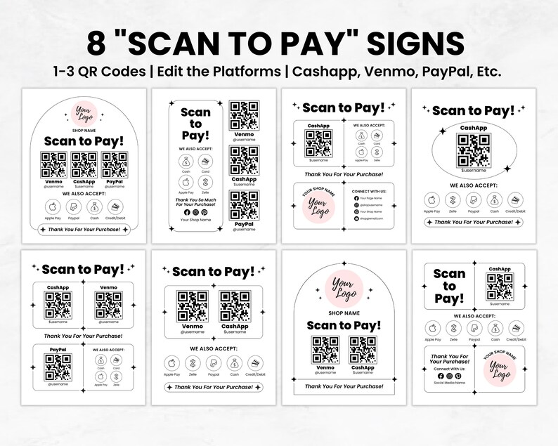 Editable QR Code Sign Bundle, Scan to Pay, Social Media, Pricing ...