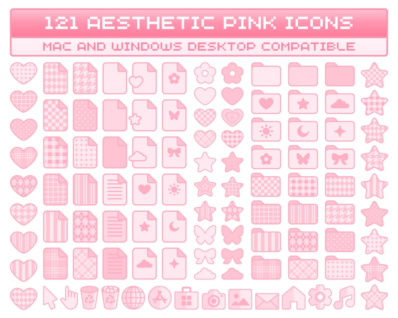 Pink Desktop Icons Set, 100+ Aesthetic Icon Bundle, Custom Windows Mac Computer Laptop PC ...