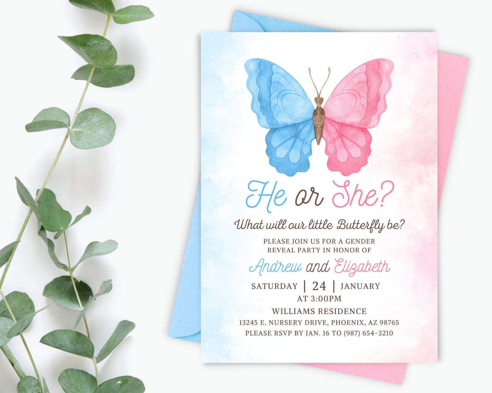 Butterfly Gender Reveal Invitation, Editable He or She Invite Template ...