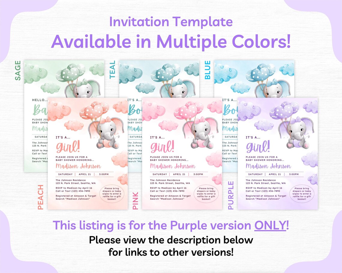 Purple Elephant Baby Shower Invitation, Girl Gender Neutral Clouds Baby ...