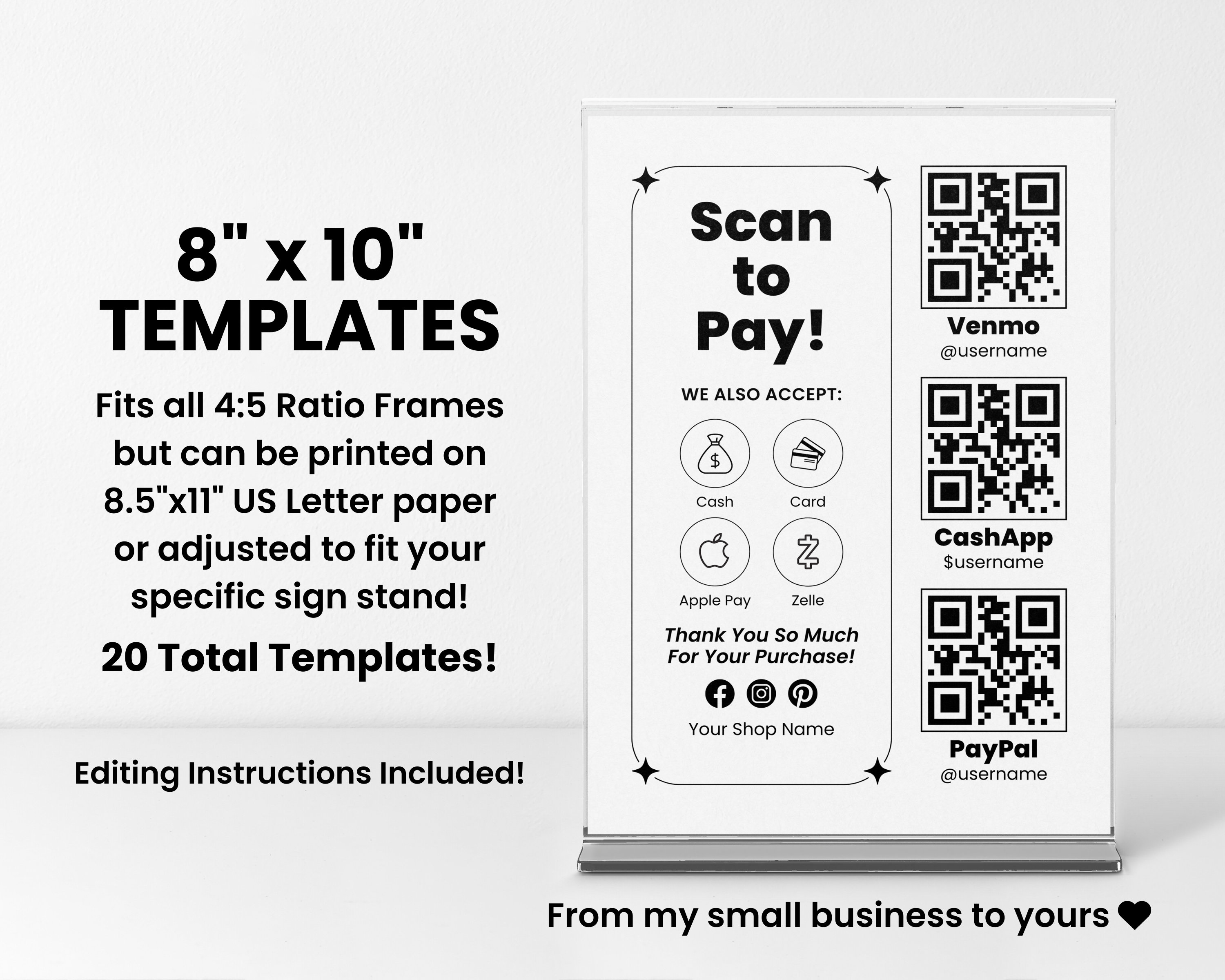 Editable QR Code Sign Bundle, Scan to Pay, Social Media, Pricing ...