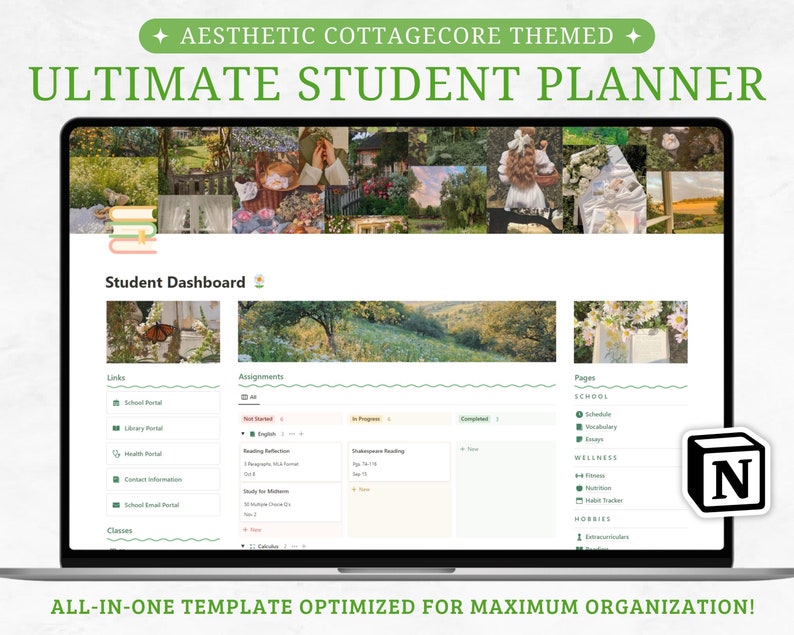 Student Cottagecore Notion Planner, Aesthetic Academic Notion Template, Highschool College ...