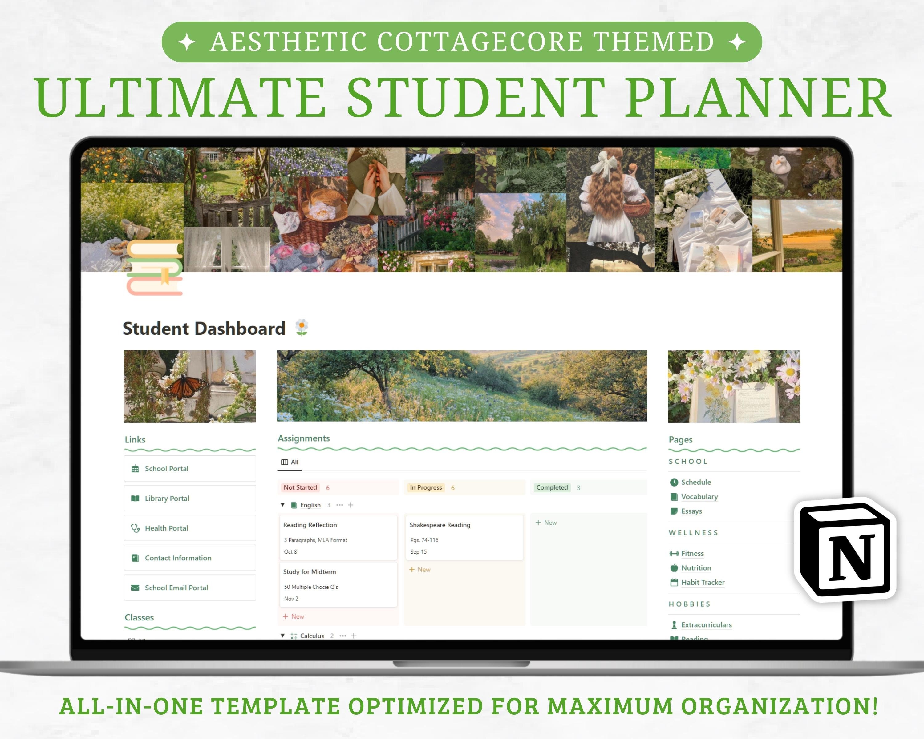 Student Cottagecore Notion Planner, Aesthetic Academic Notion Template ...