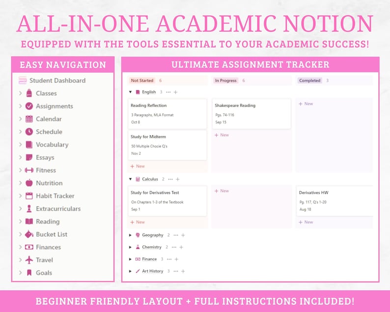 Student Pink Y2K Notion Planner, Aesthetic Academic Notion Template, Highschool College ...