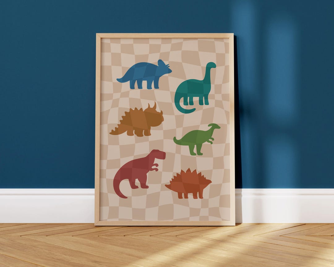 Dinosaurs Wall Art Print, Printable Beige Blue Rainbow Dino Boy Girl ...