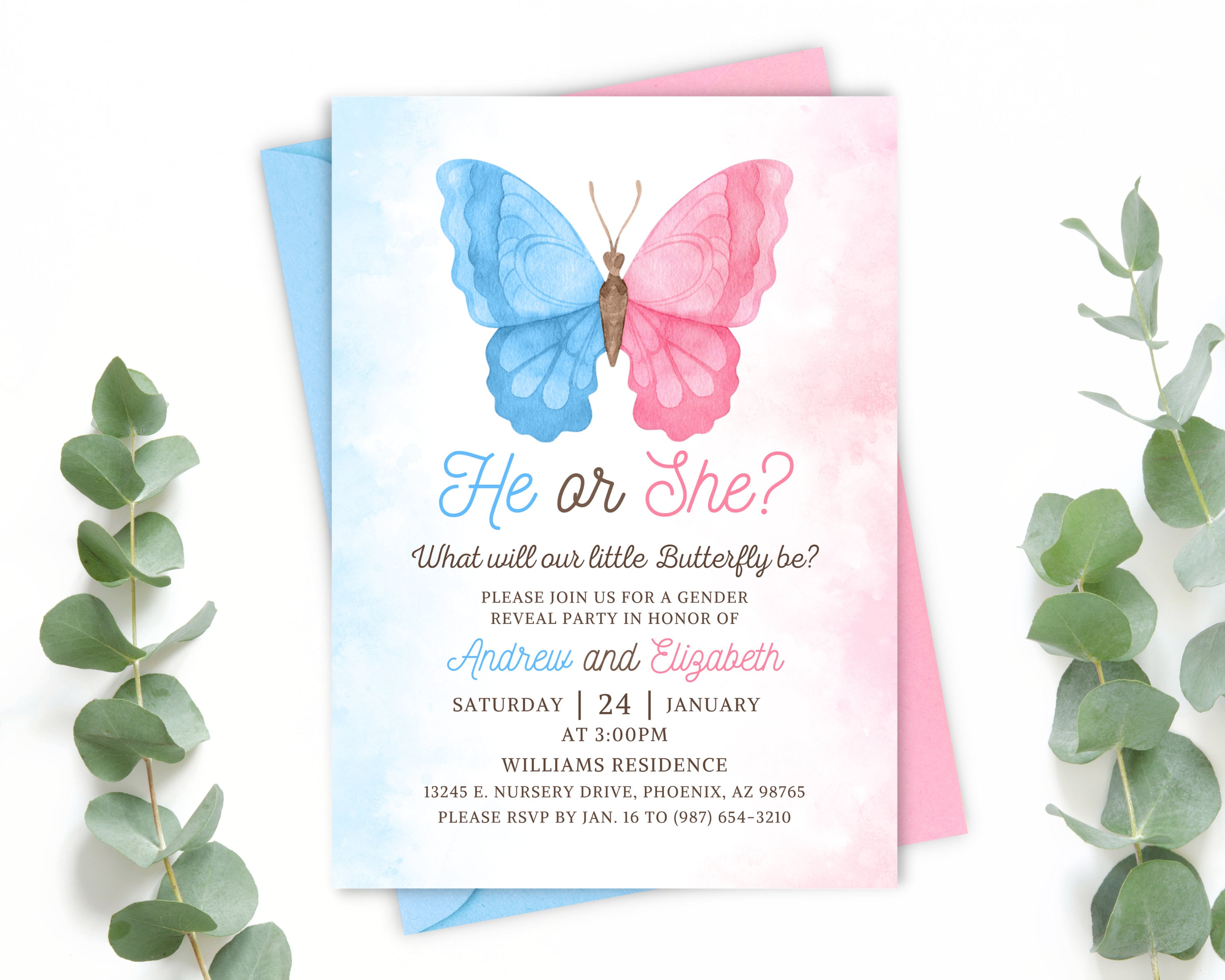 Butterfly Gender Reveal Invitation, Editable He or She Invite Template ...