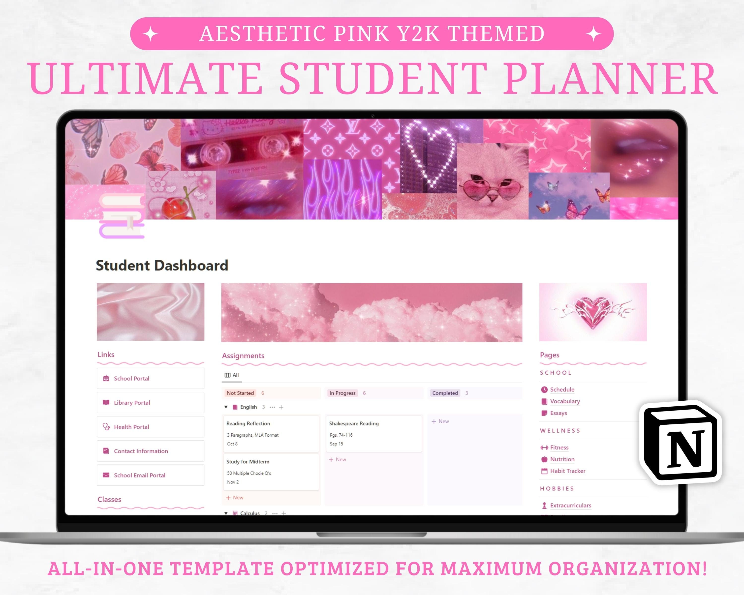 Student Pink Y2K Notion Planner, Aesthetic Academic Notion Template ...