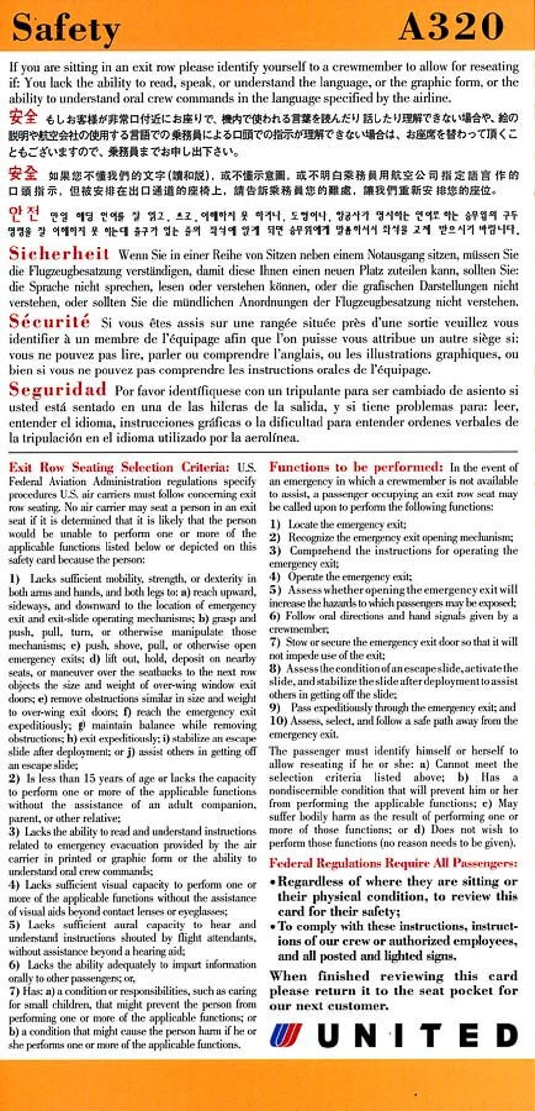 United Airlines | A320 | 2002 | Safety Card - Etsy