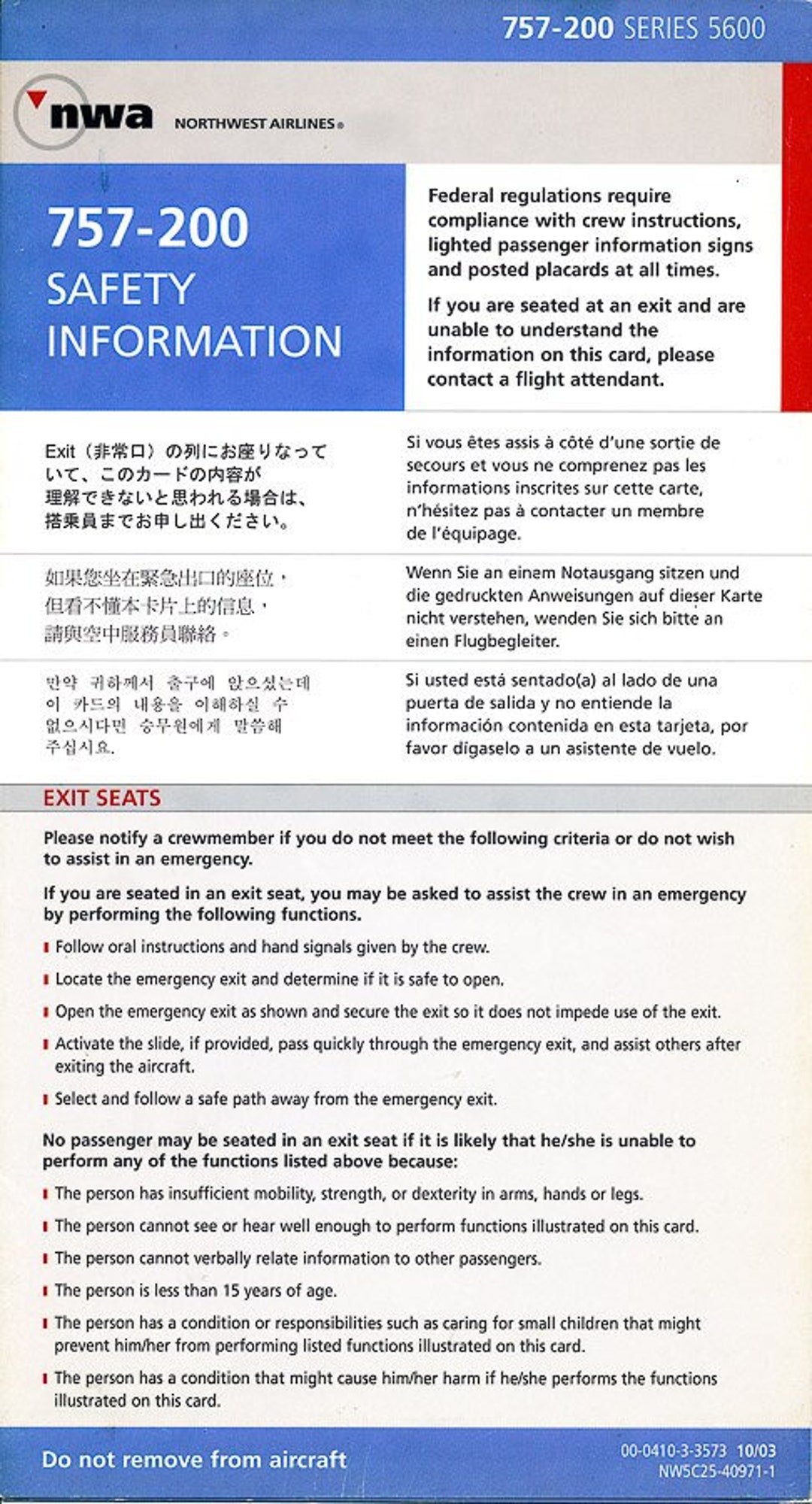 Northwest Airlines | B757-200 | 2003 | Safety Card - Etsy
