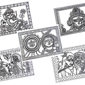 5 Pack Madhubani Mithila Folk Art Mandala Coloring Book Pages, Ganesh ...