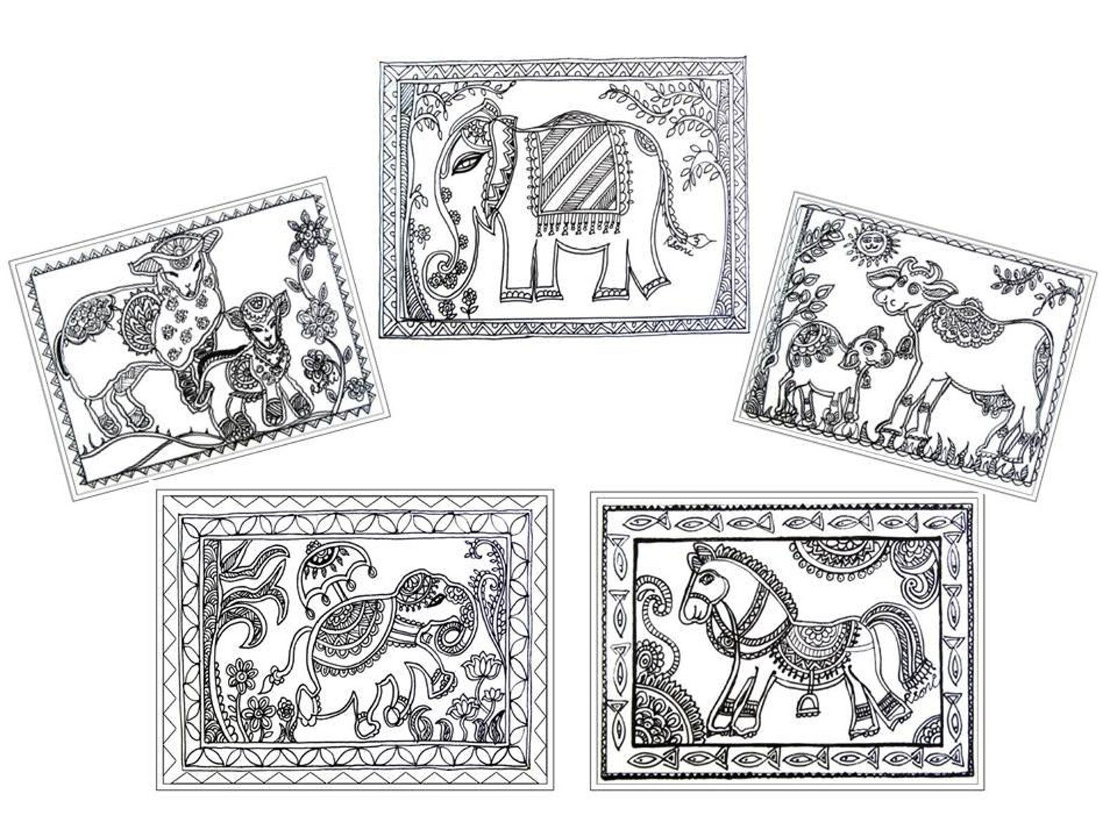 Set of 5 Animals Folk Art - Elephants Cow Sheep Pony Coloring Pages 5 ...