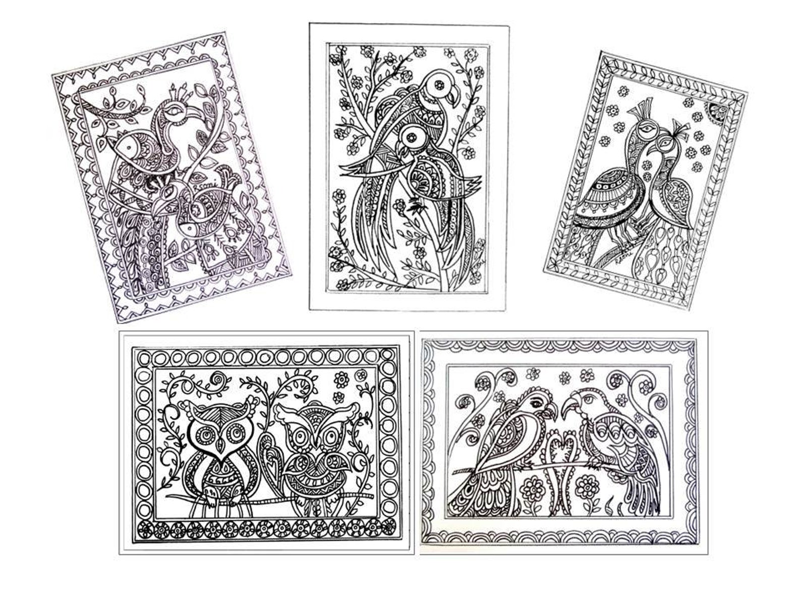 Set of 5 Birds Folk Art Coloring Pages 5 Pack, Owl, Eagle, Peacock ...