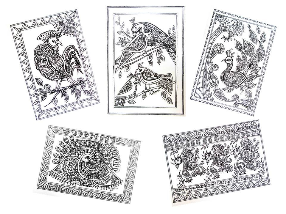 Set of 5 Birds Folk Art Coloring Pages 5 Pack, Rooster, Peacock, Love ...