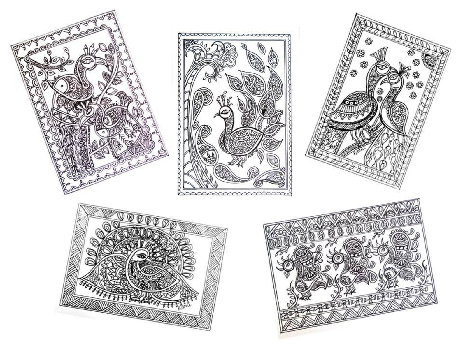 Set of 5 Birds Folk Art Coloring Pages 5 Pack, Madhubani Mandala ...