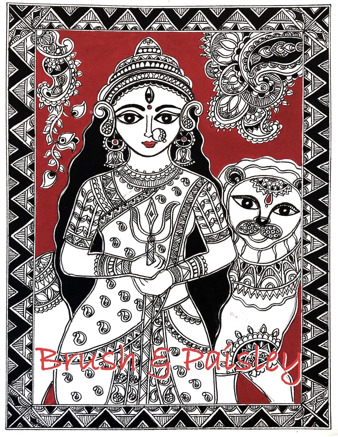 Madhubani Durga Mithila Indian Folk Art Hindu Goddess With Lion ...
