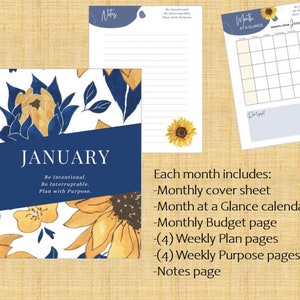 Printable Yearly Planner & Calendar Sunflower Theme - Etsy