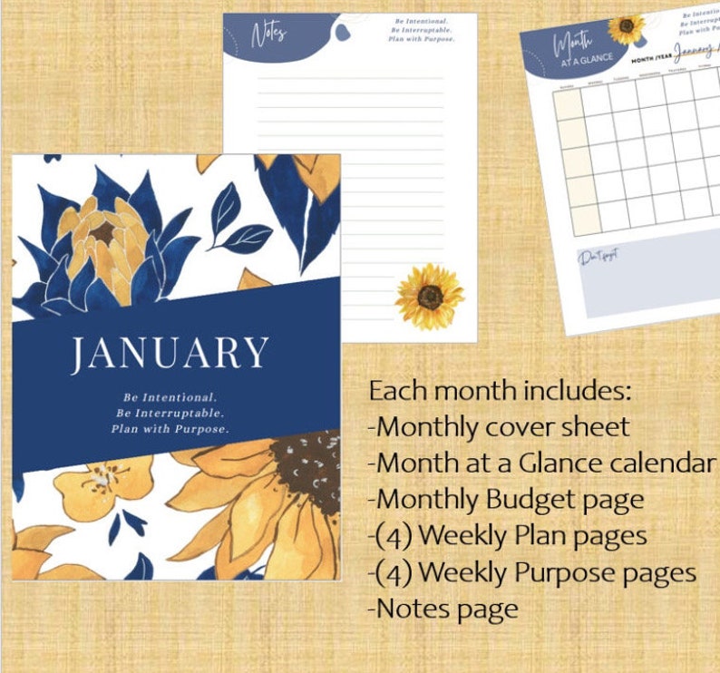 Printable Yearly Planner & Calendar Sunflower Theme - Etsy