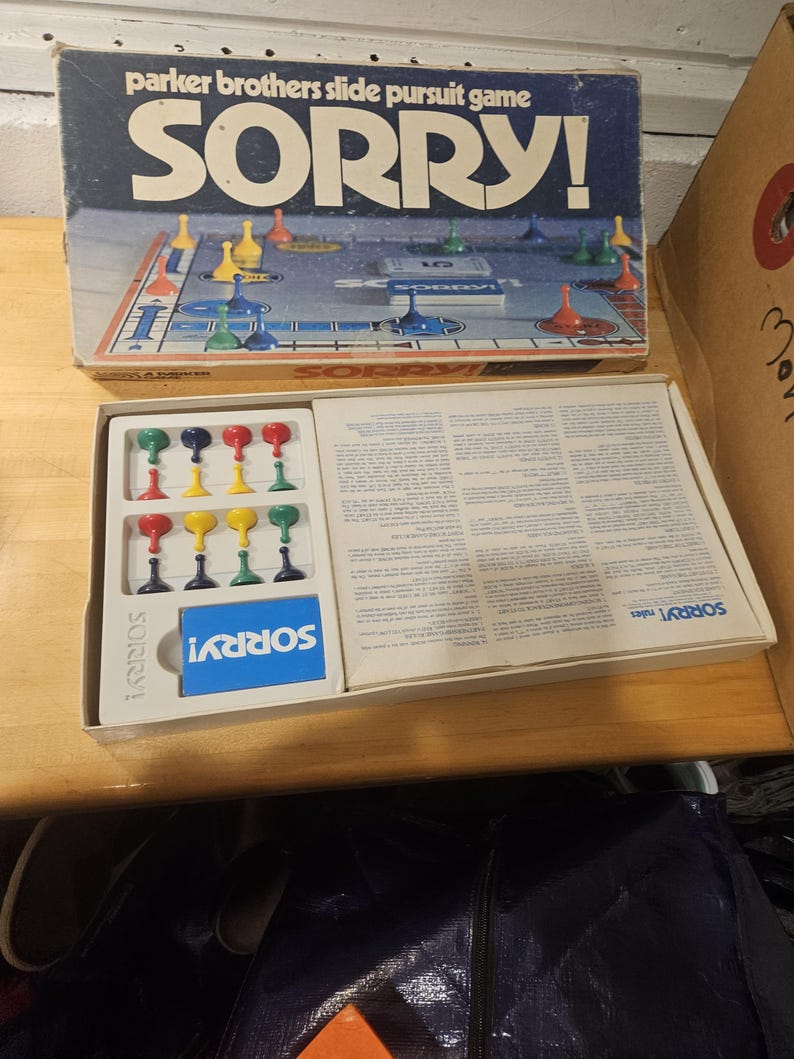 Vintage 1972 SORRY! Board Game No.390 Parker Brothers, Complete Box ...