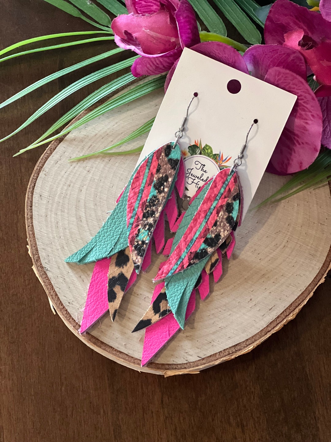 Hot Pink Western Cheetah Feather Fringe Leather Earrings, Party ...