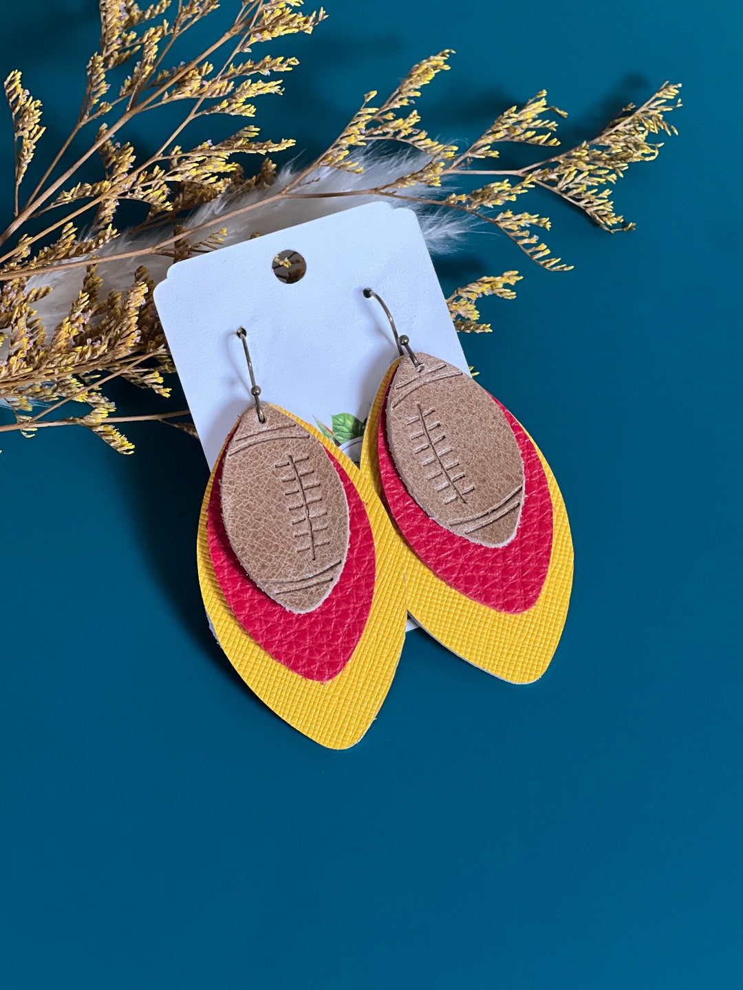 Red and Yellow Kansas Embossed Football Fringe Leather Earrings, Sports ...