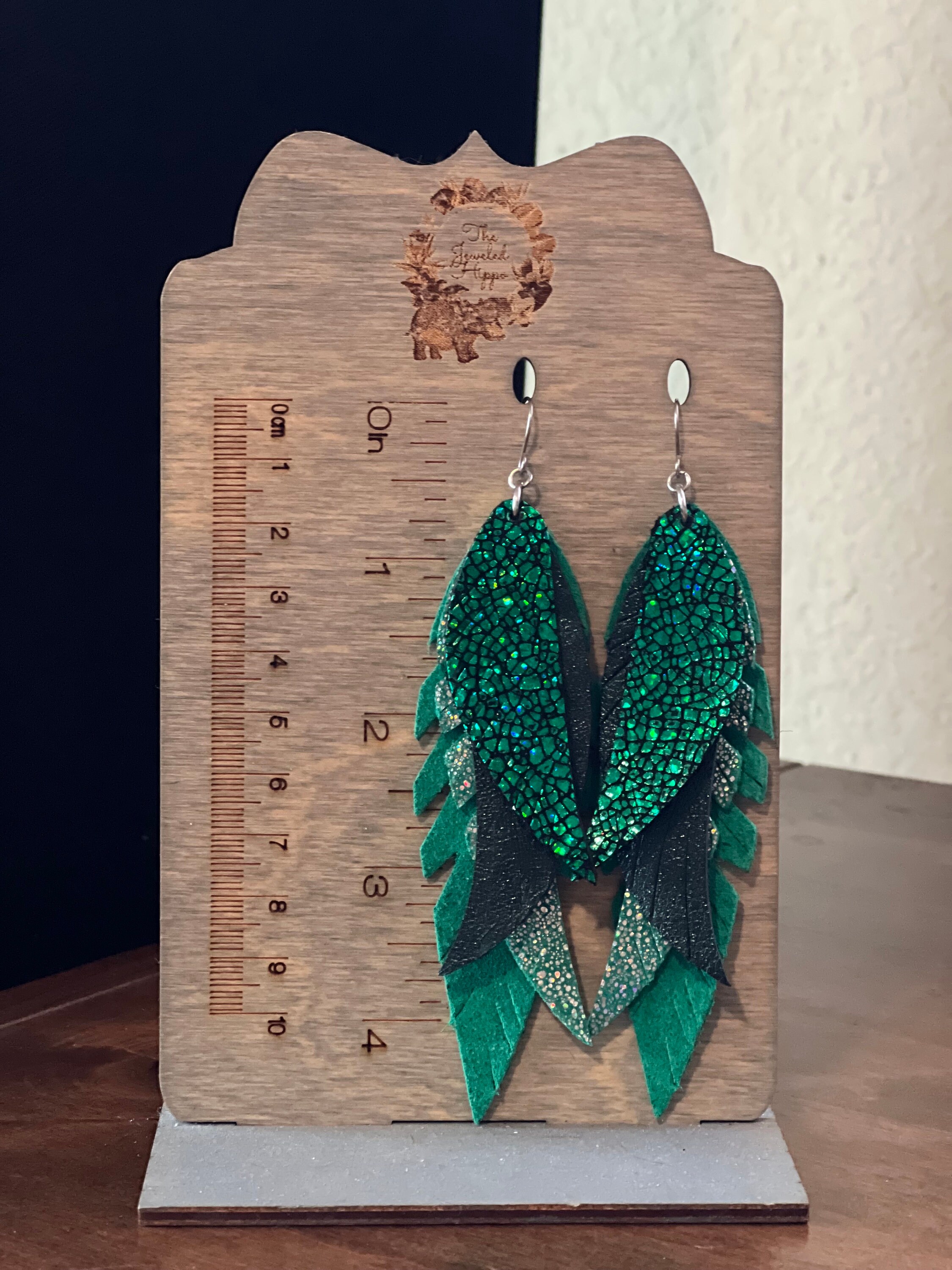Emerald Green Feather Leather Earrings, Feather Earrings, Emerald ...