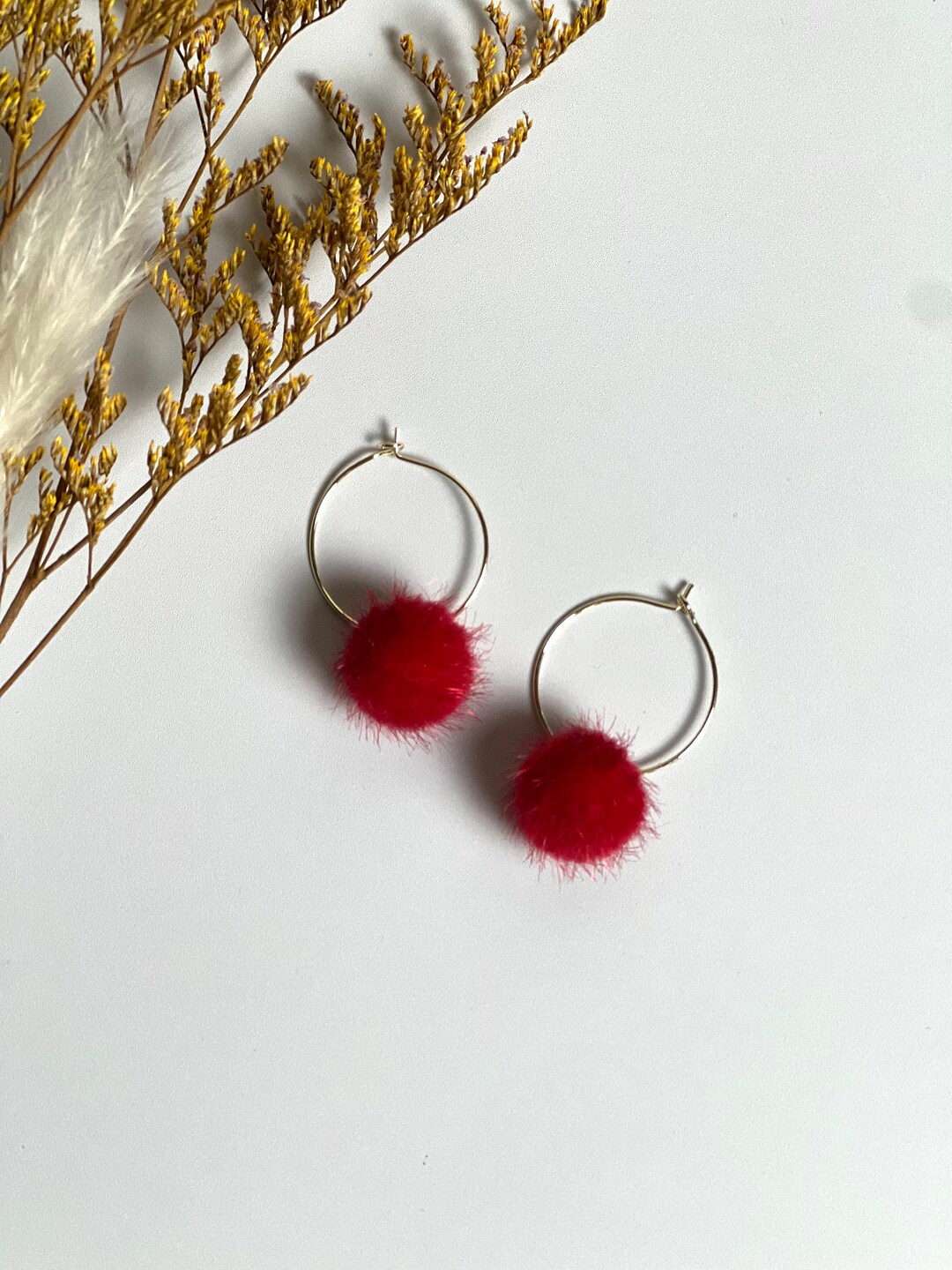 Minimalist Red Fuzzy Dangle Gold Hoop Earrings, Red Earrings, Hoop ...