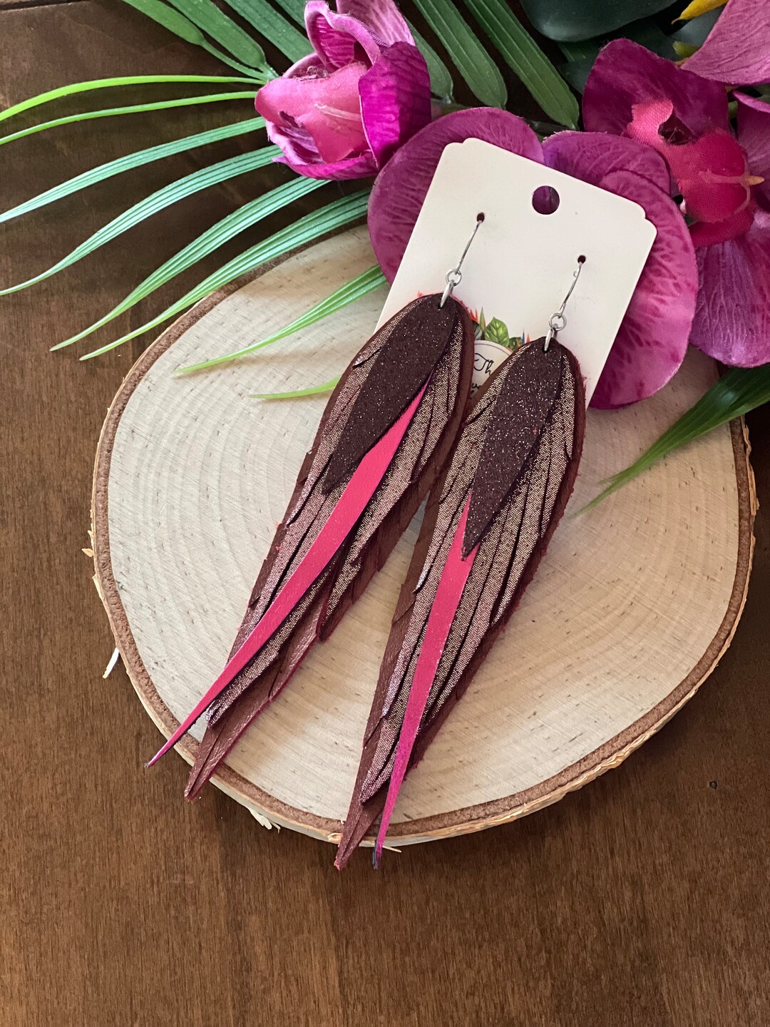 Long Metallic Maroon Fringe Feather Leather Earrings, Fringe Earrings ...