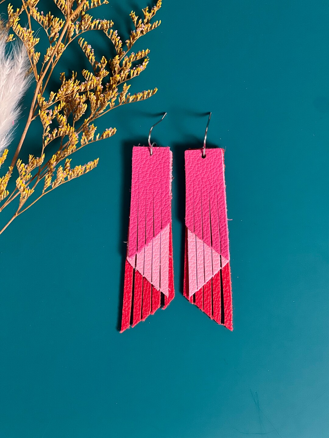 Pink Red Love Funky Fringe Leather Earrings, Valentines Earrings ...