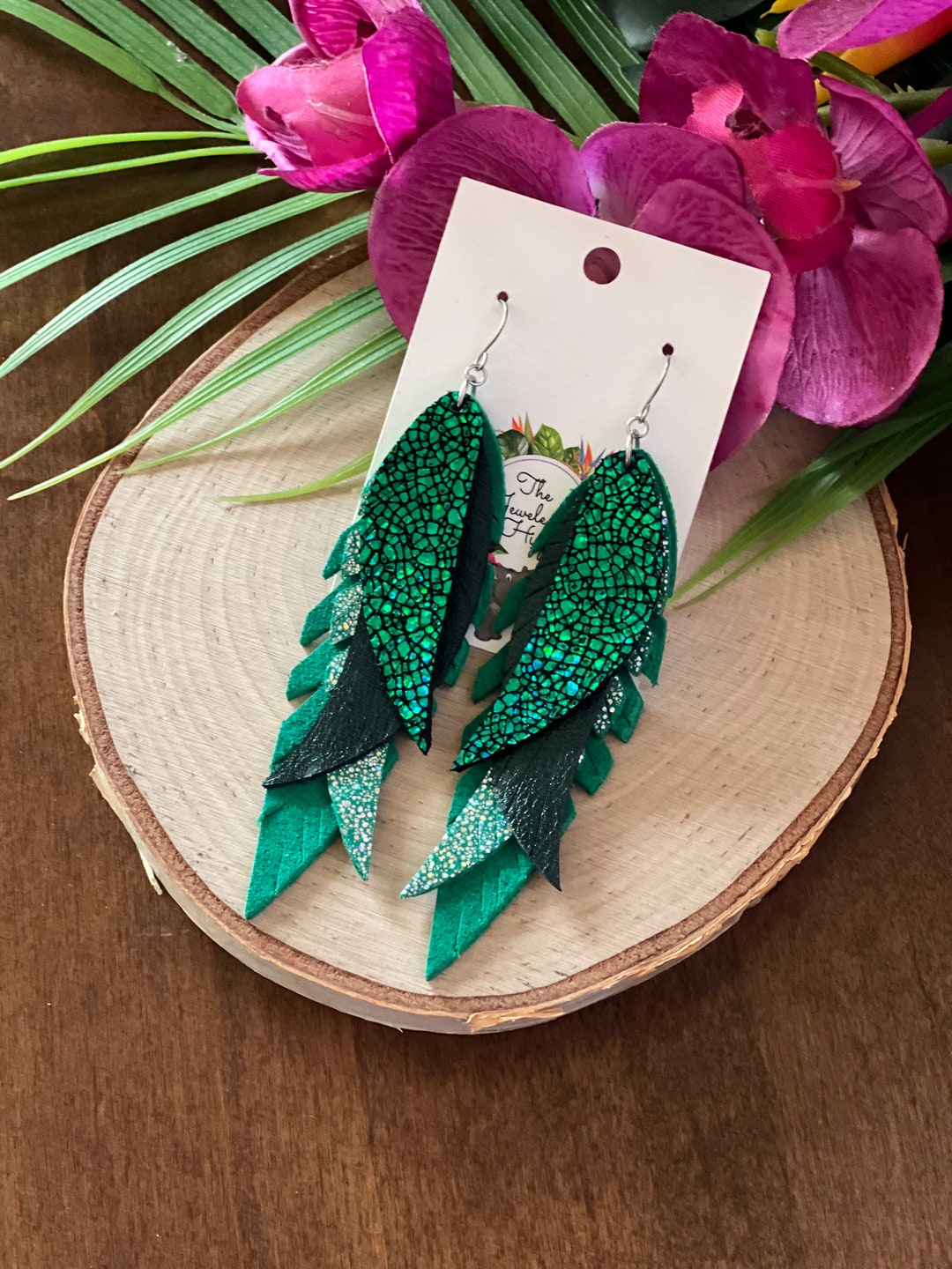 Emerald Green Feather Leather Earrings, Feather Earrings, Emerald ...