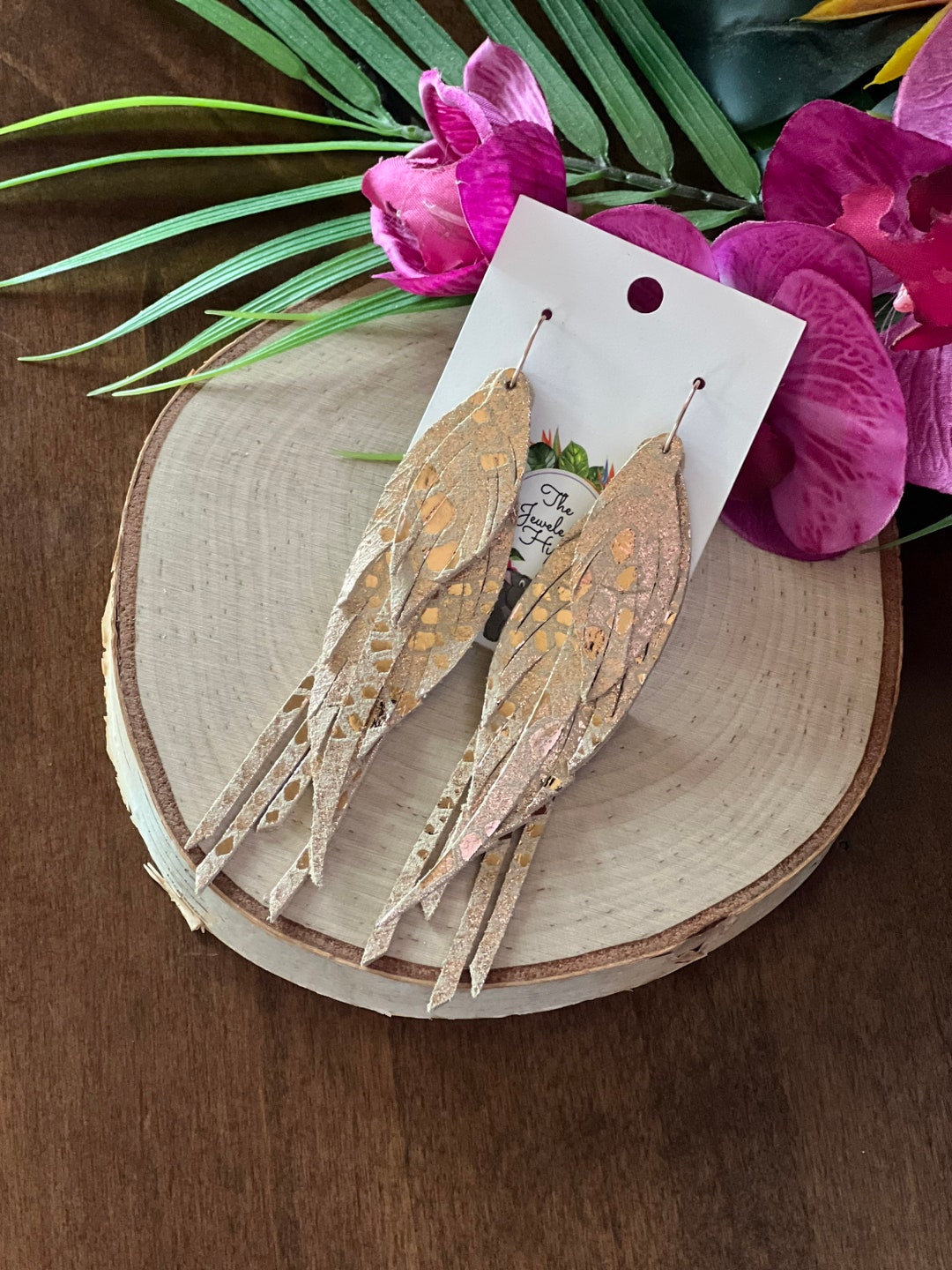 Rose Gold Snakeskin Feather Fringe Dangle Leather Earrings, Feather ...