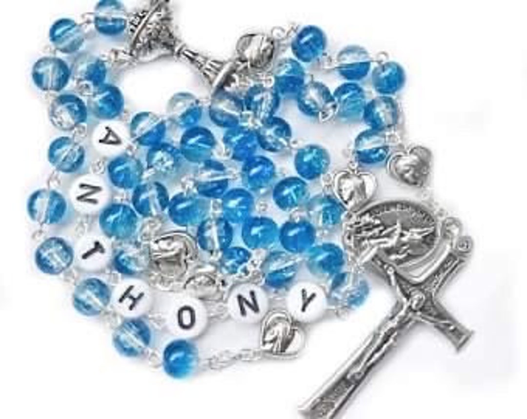 Personalized First Communion Rosary in Blue and Silver - Boy Catholic ...