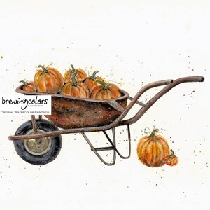 PUMPKIN ART PRINT - Watercolor Pumpkin Wall Art, Wheelbarrow Full of ...