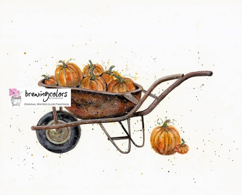 PUMPKIN ART PRINT Watercolor Pumpkin Wall Art Wheelbarrow | Etsy