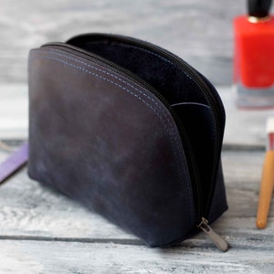 Women Small Brown Makeup Bag Personalized Leather Cosmetic Bag Travel ...