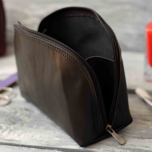 Women Small Brown Makeup Bag Personalized Leather Cosmetic Bag Travel ...