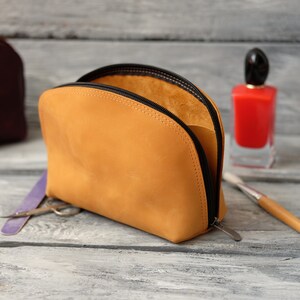 Women Small Brown Makeup Bag Personalized Leather Cosmetic Bag Travel ...