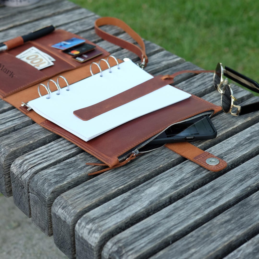 Leather Notebook With Bookmark, Engraved Wristlet Planner A5 A4, Ring ...