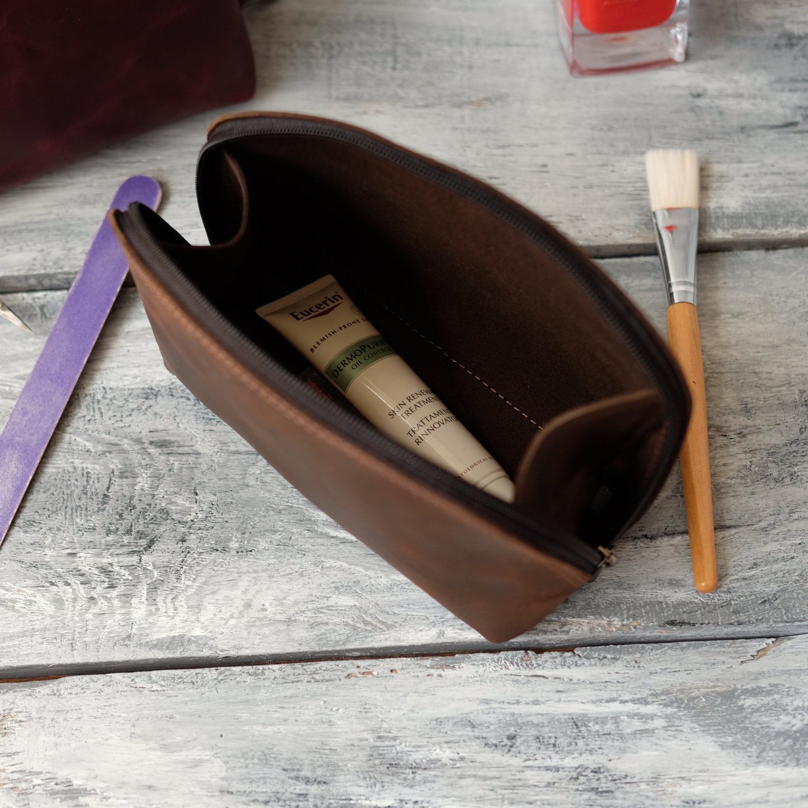 Women Small Brown Makeup Bag Personalized Leather Cosmetic Bag - Etsy