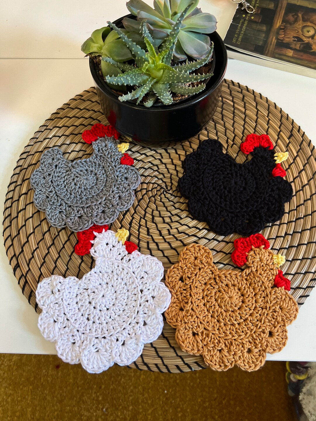 Crochet Chicken Coasters | Made to Order | Cotton Drink Coasters - Etsy