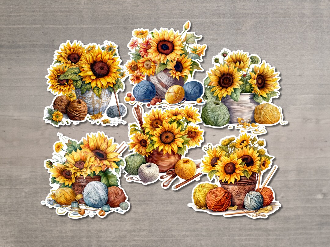 Sunflowers and Yarn Skeins Stickers Pack of 6- Die Cut Matte or Glossy ...