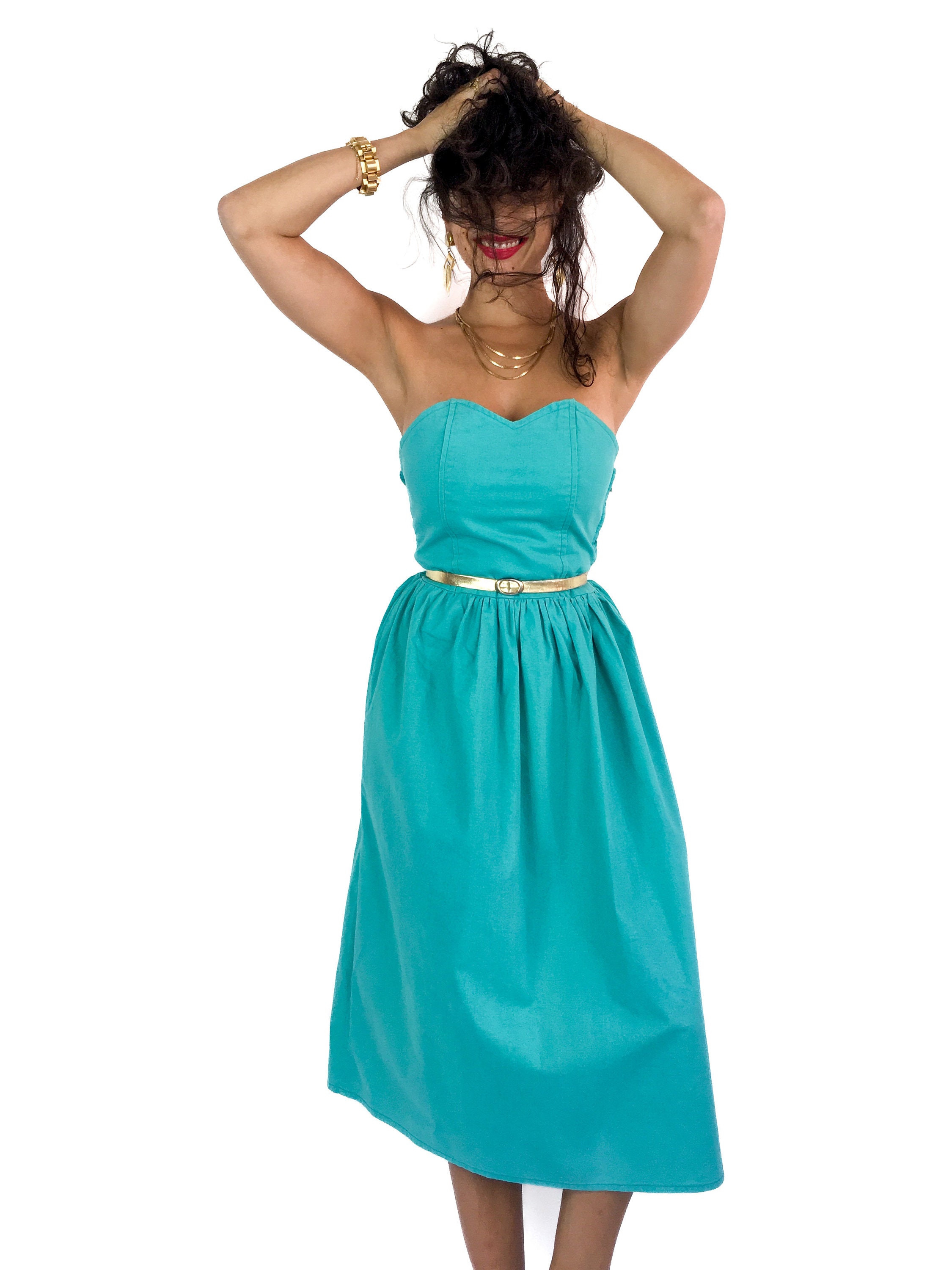 80s Vintage Strapless Bustier Turquoise Dress. Wired Bodice With a ...
