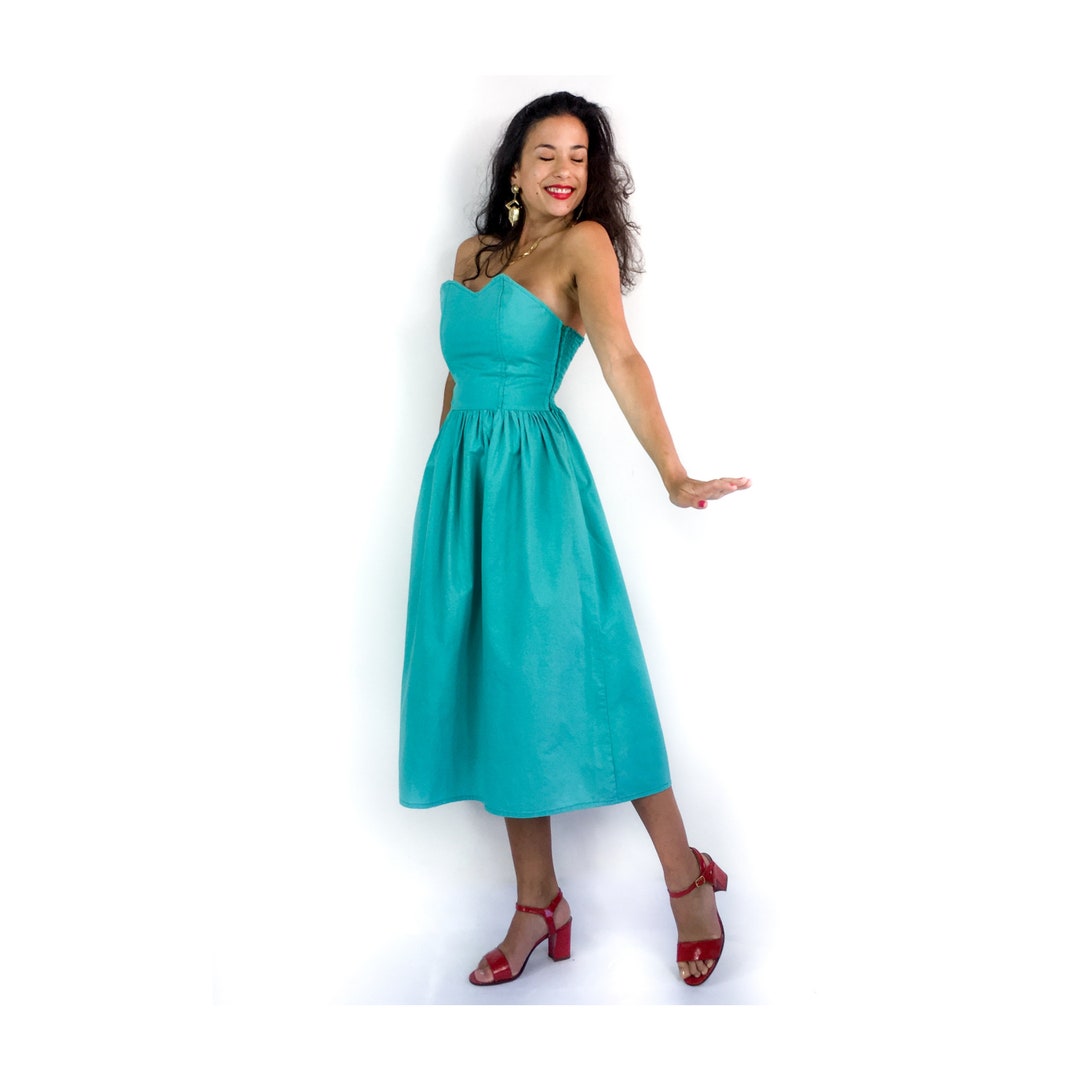 80s Vintage Strapless Bustier Turquoise Dress. Wired Bodice With a ...