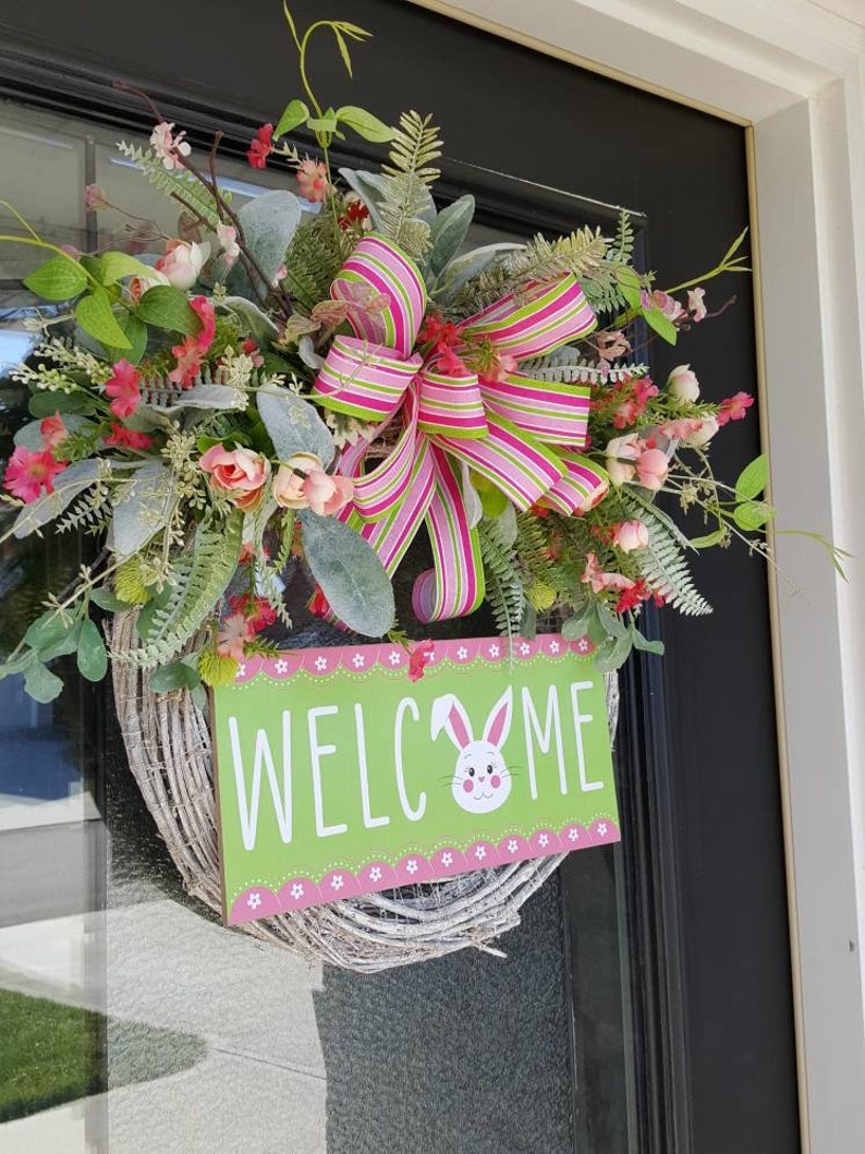 Easter Welcome Bunny Wreath for Front Door Spring Pink and | Etsy