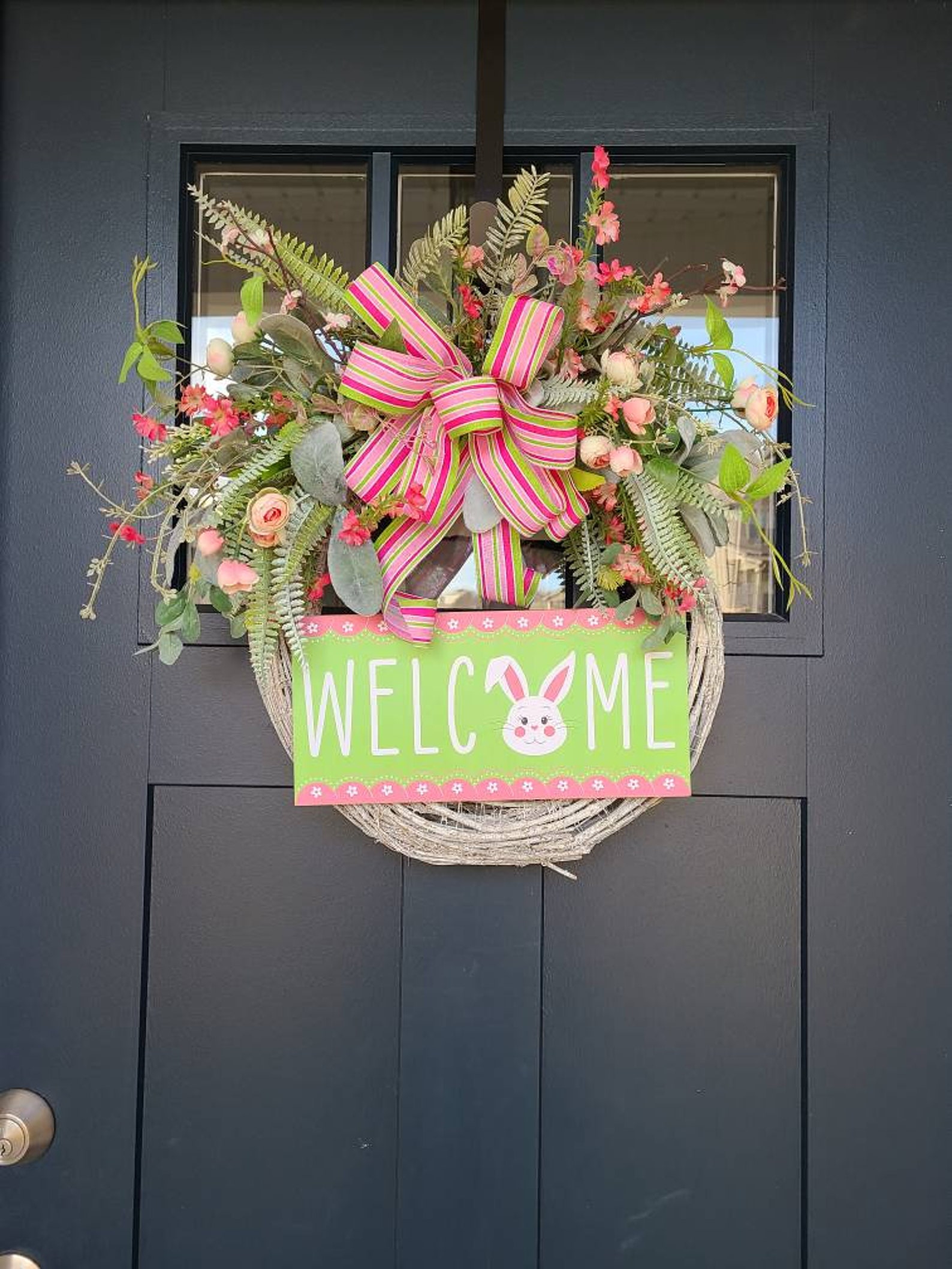 Easter Welcome Bunny Wreath for Front Door Spring Pink and - Etsy