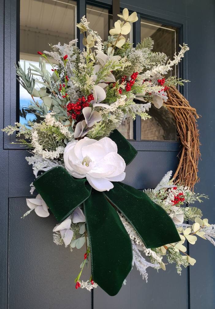 Winter Wreath With White Magnolia Decor With Flocked Greenery - Etsy