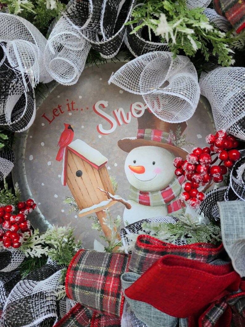 Rustic Snowman Wreath With Black and White Deco Mesh Snowman - Etsy